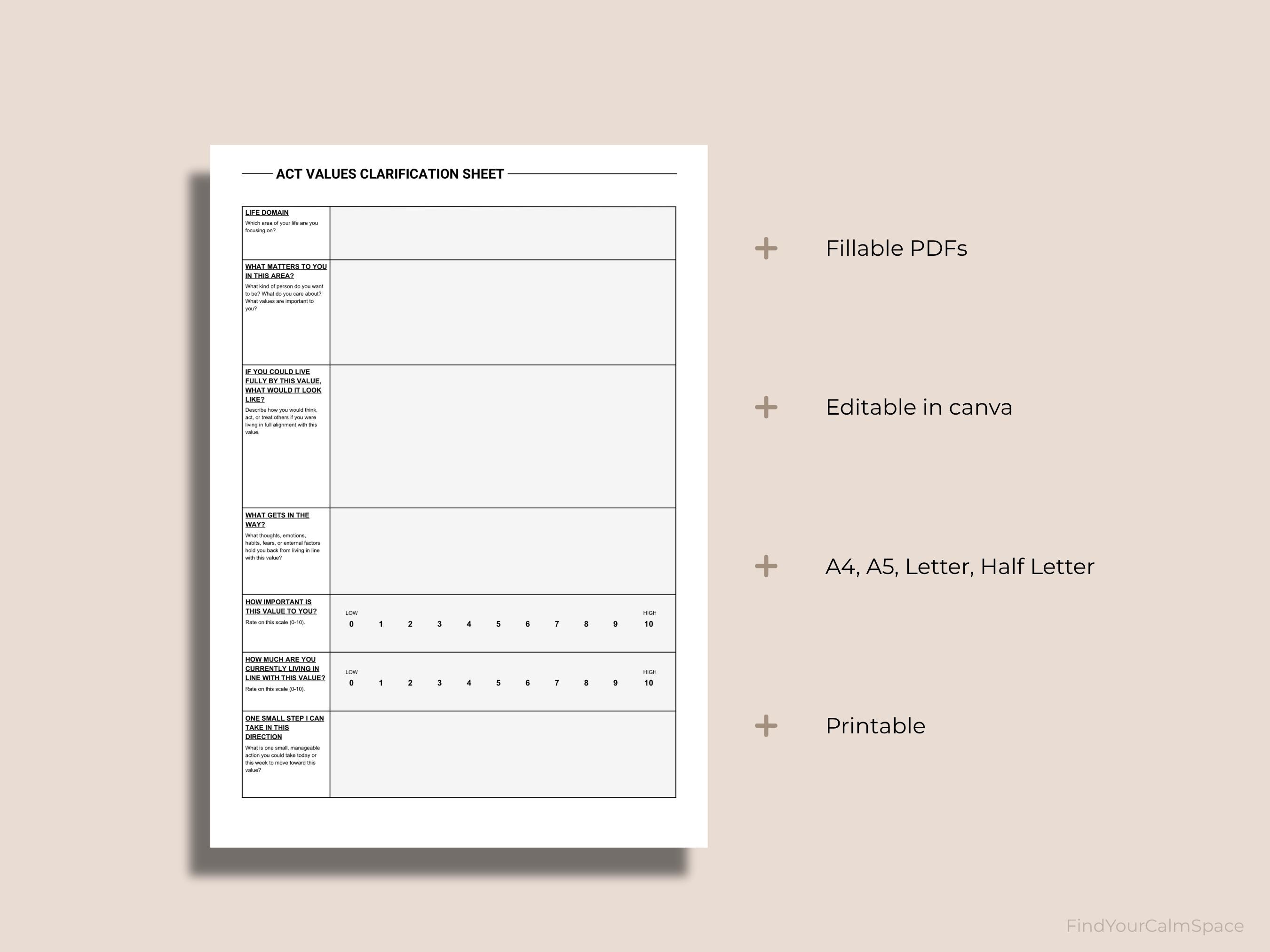 ACT Values Clarification Sheet | Printable + Customizable Worksheet ...