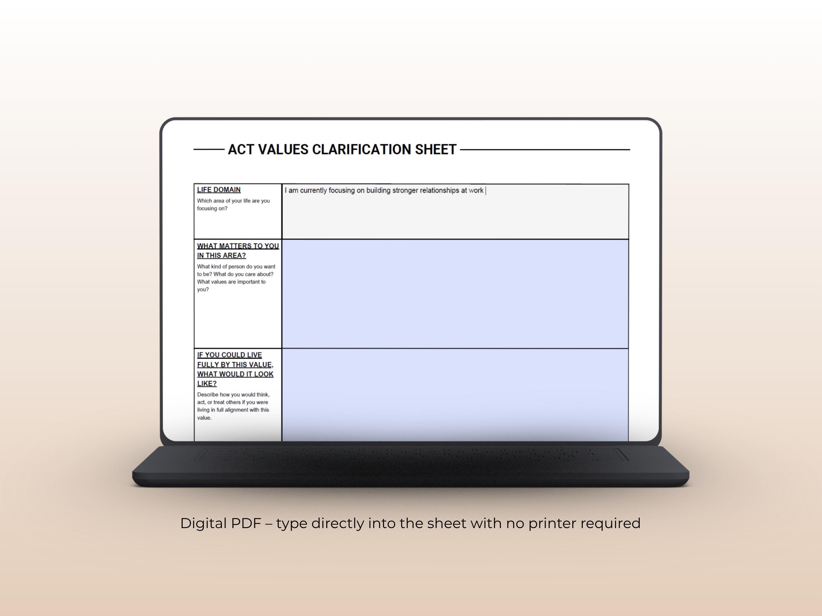 ACT Values Clarification Sheet | Printable + Customizable Worksheet ...