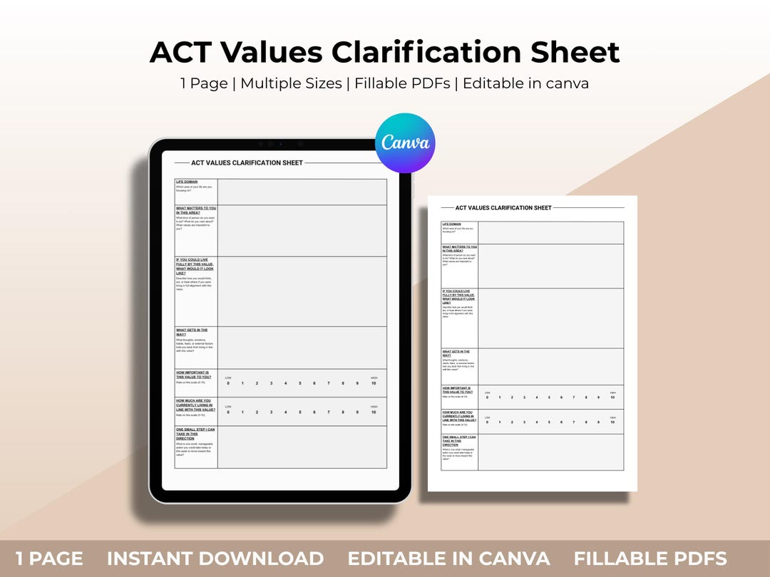 ACT Values Clarification Sheet | Printable + Customizable Worksheet ...