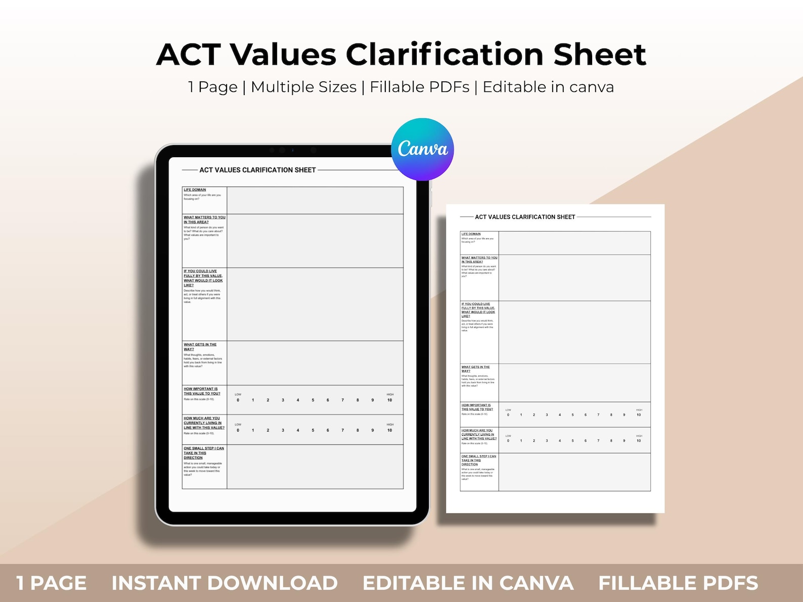 ACT Values Clarification Sheet | Printable + Customizable Worksheet | ACT Tool | Mindfulness ...