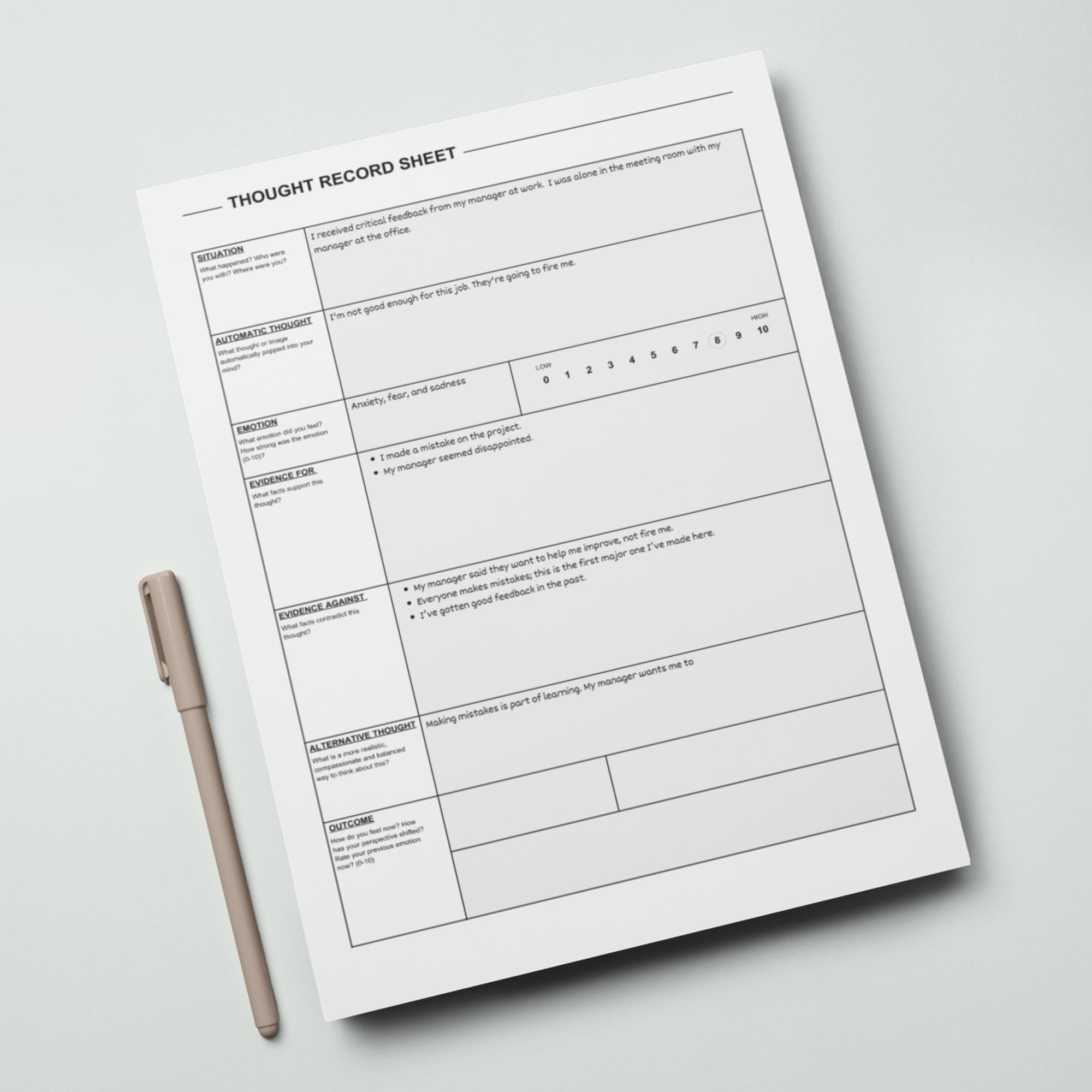 CBT Thought Record Sheet Printable Customisable Worksheet Mental Health ...