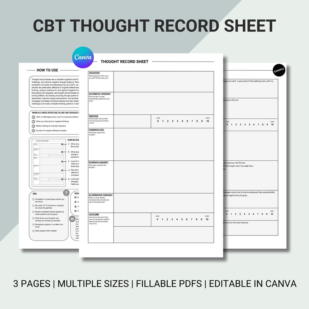 CBT Thought Record Sheet | Printable + Customizable Worksheet | Mental ...