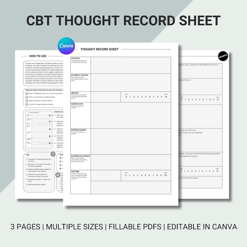 CBT Thought Record Sheet | Printable + Customizable Worksheet | Mental ...
