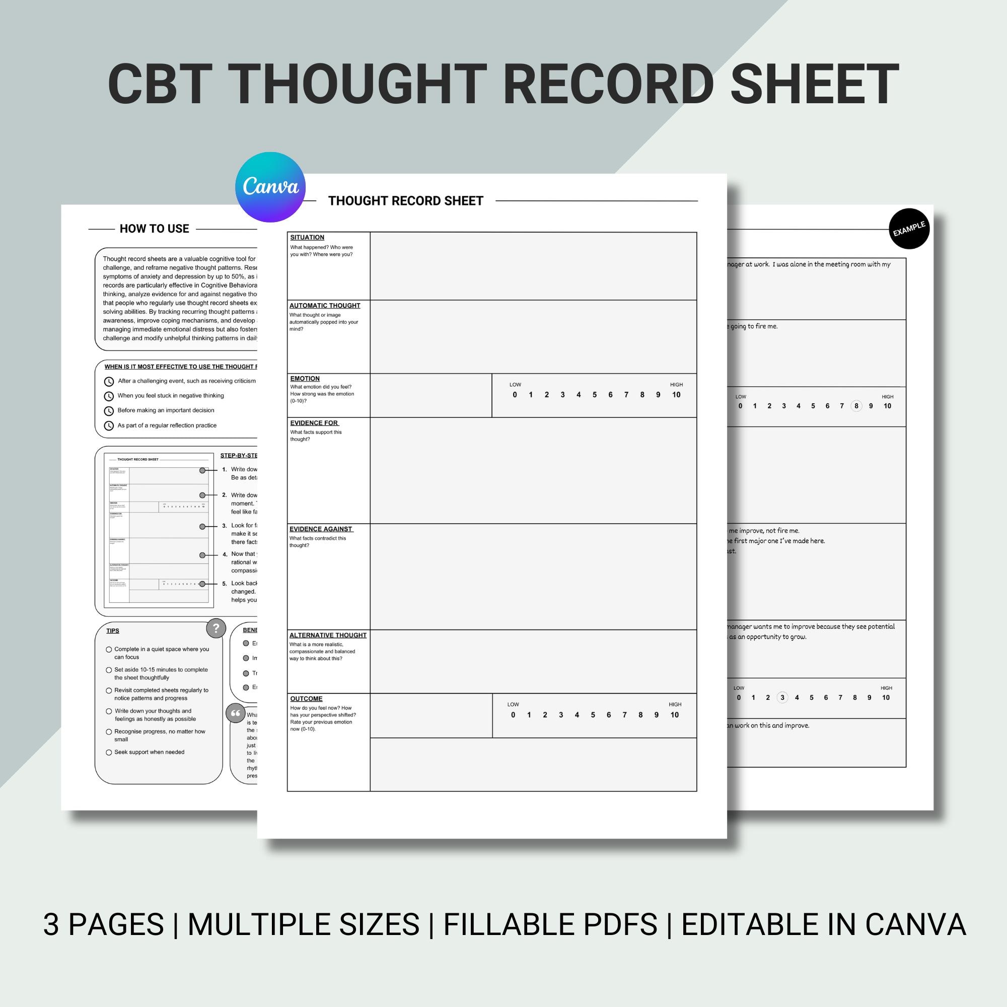 CBT Thought Record Sheet | Printable + Customizable Worksheet | Mental ...