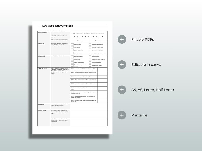 Low Mood Recovery Sheet | Printable + Customizable Worksheet | Mental ...