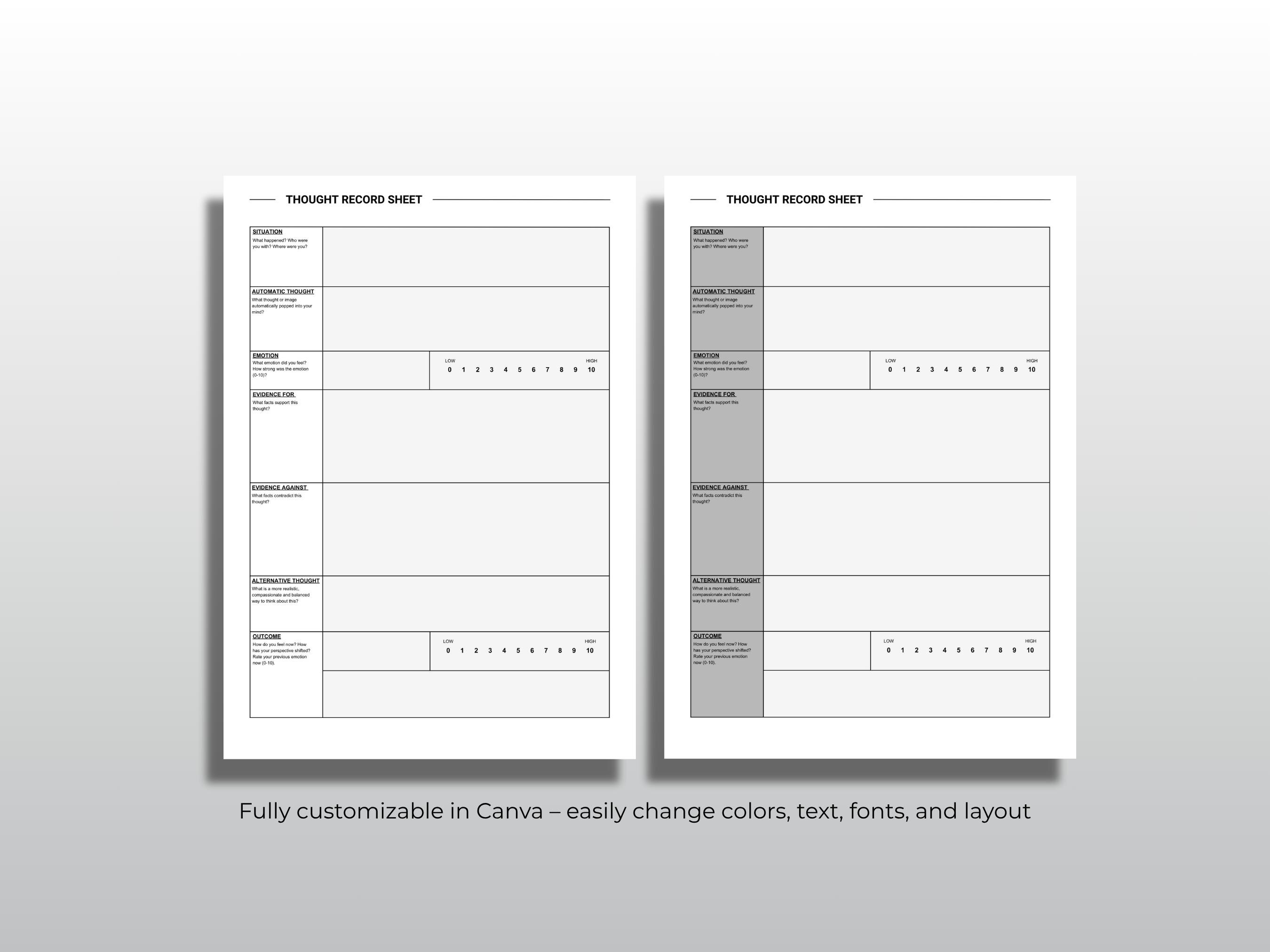 CBT Thought Record Sheet | Printable + Customizable Worksheet | Mental ...