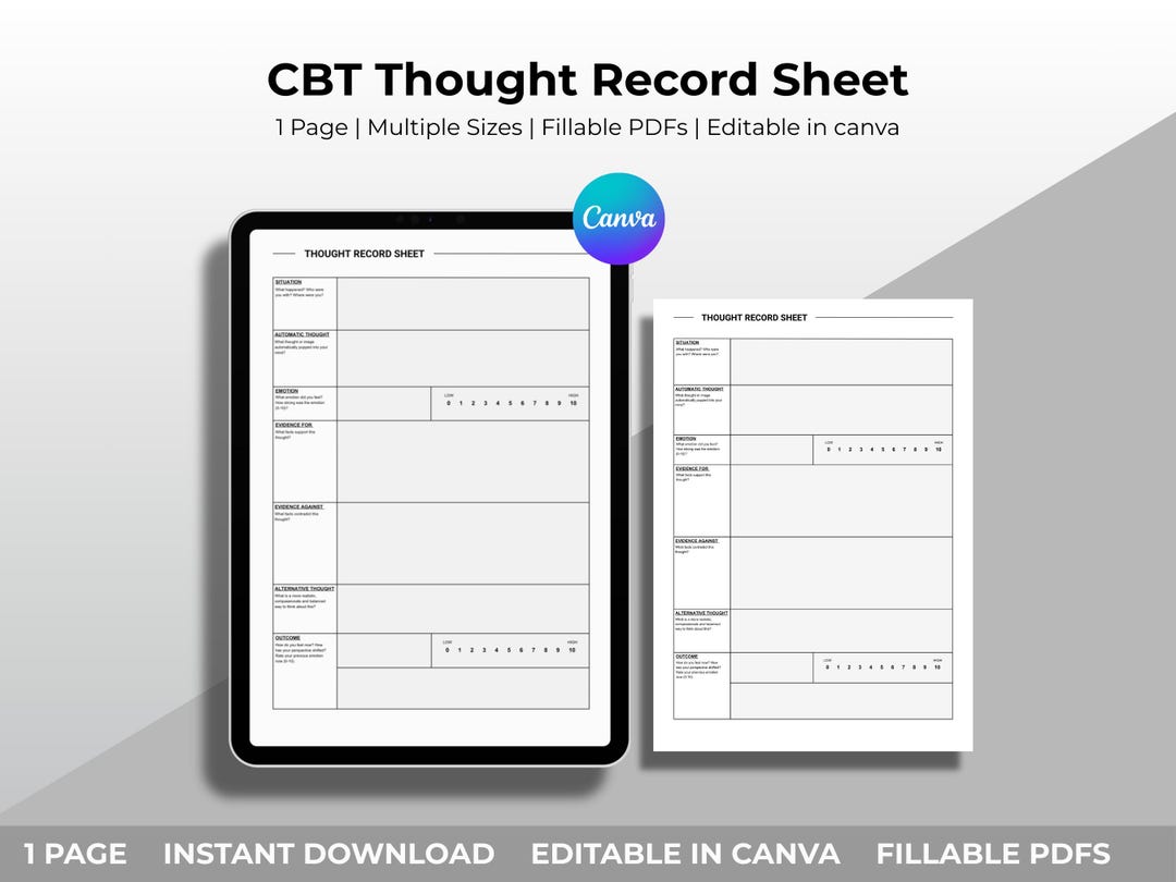 CBT Thought Record Sheet | Printable + Customizable Worksheet | Anxiety ...