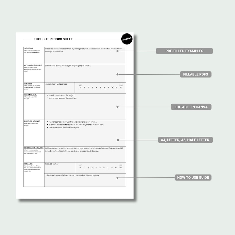 CBT Thought Record Sheet | Printable + Customizable Worksheet | Mental ...