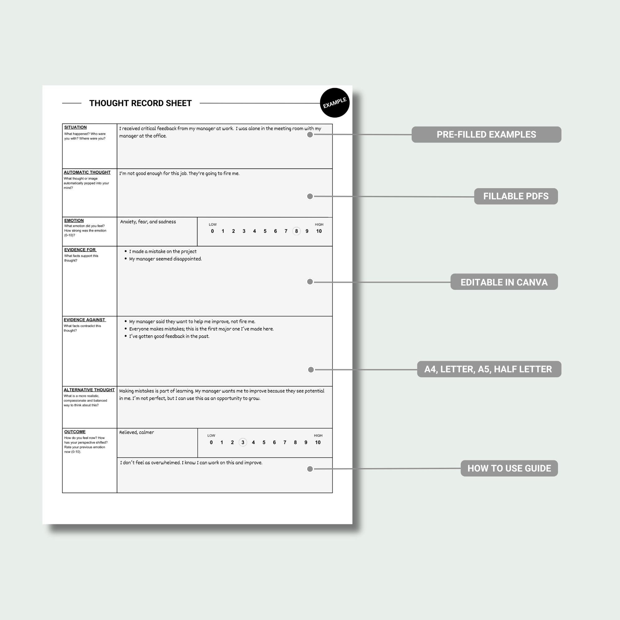 CBT Thought Record Sheet | Printable + Customizable Worksheet | Mental ...
