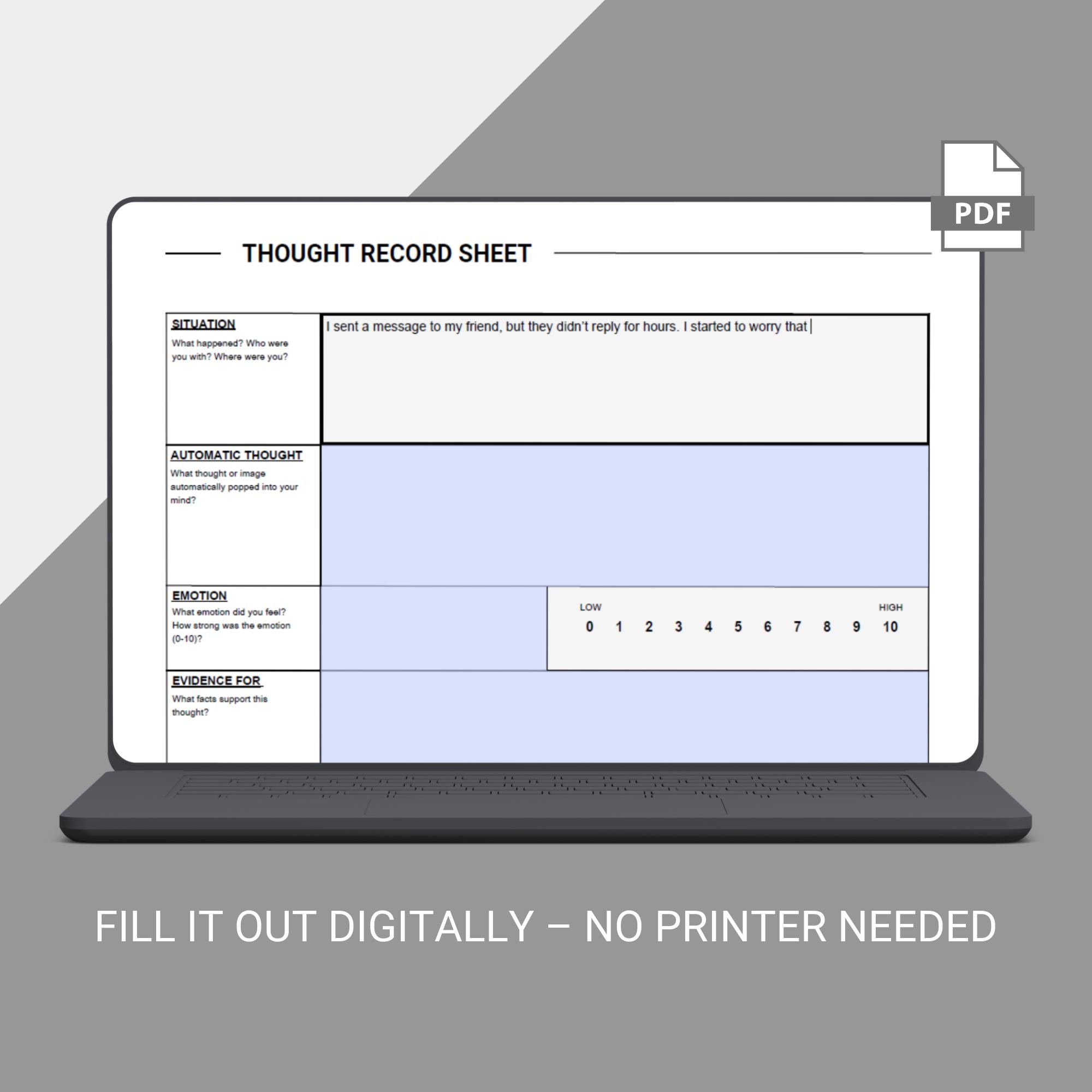 CBT Thought Record Sheet | Printable + Customizable Worksheet | Mental ...