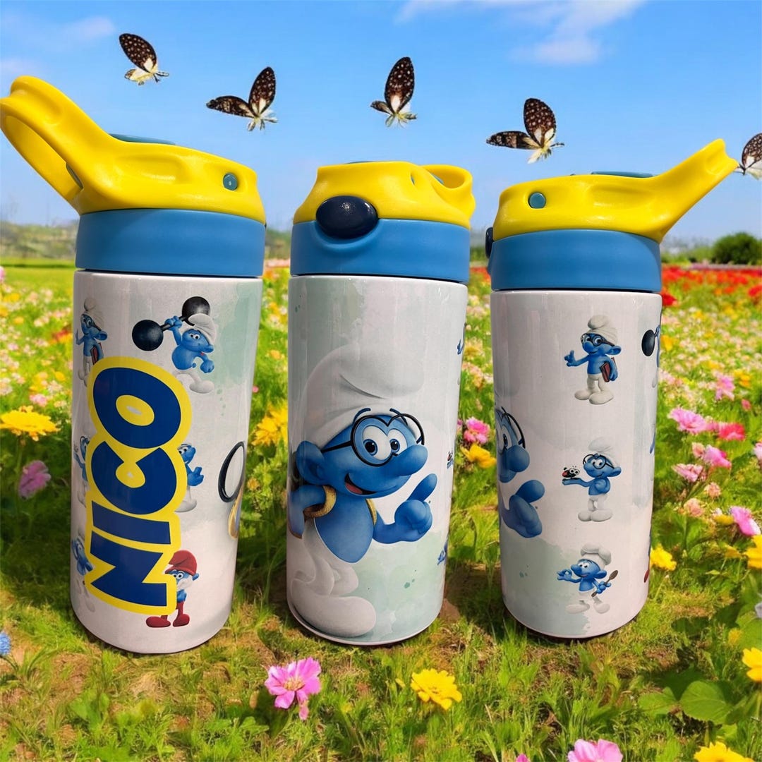 Personalized Smurfs , Kids Tumbler , Flip Top Water Botlle , 12oz Kids ...