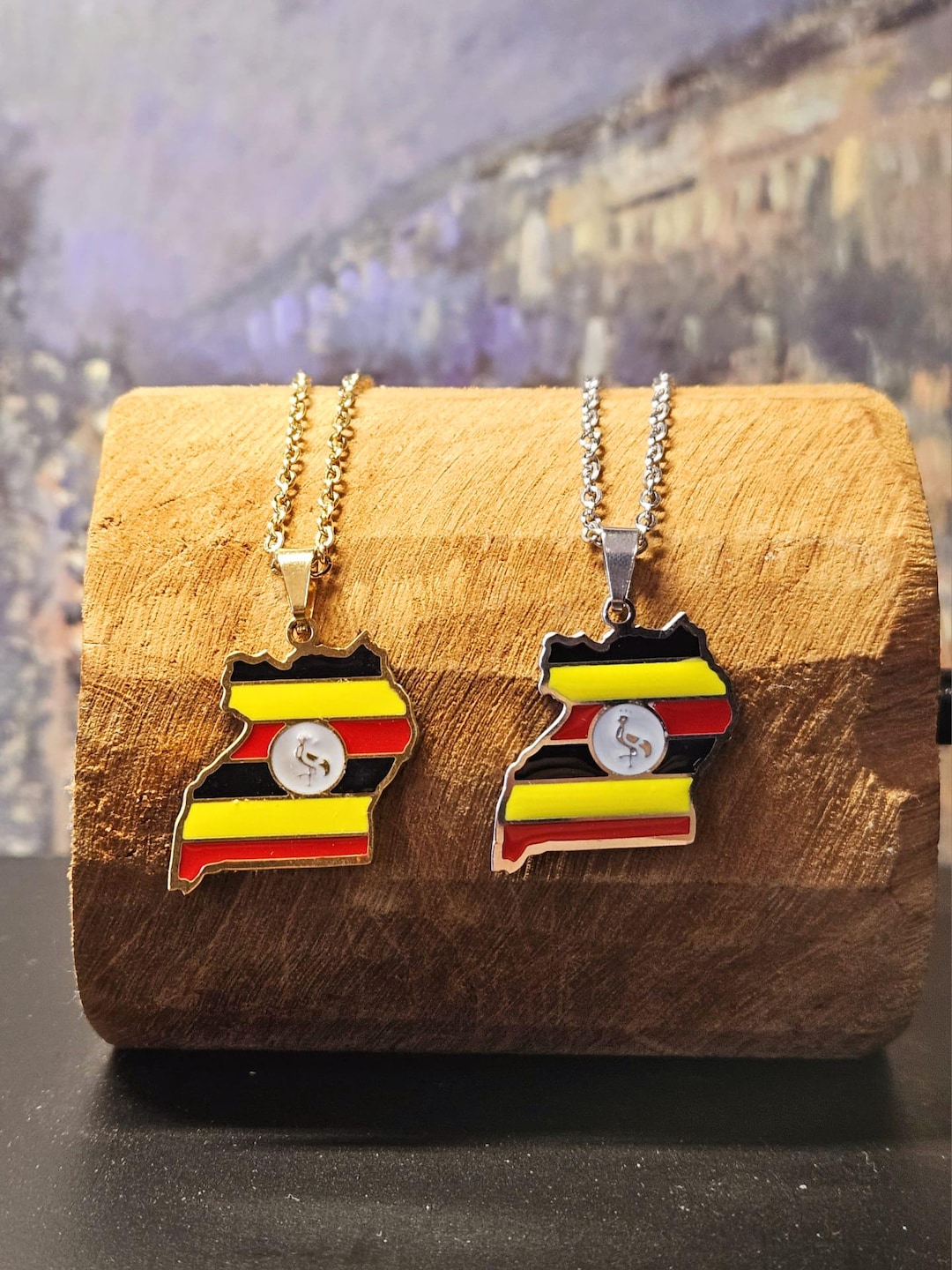 Uganda Necklace Pendant Country Outline With Flag Gold Plated / Silver ...