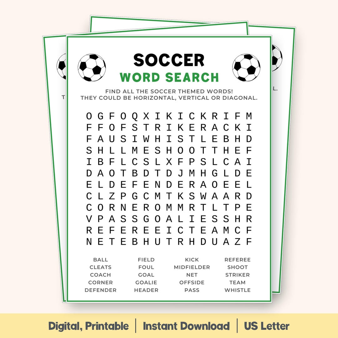 Soccer Word Search Game, Sports Activity Puzzle, Soccer Theme Word Find ...