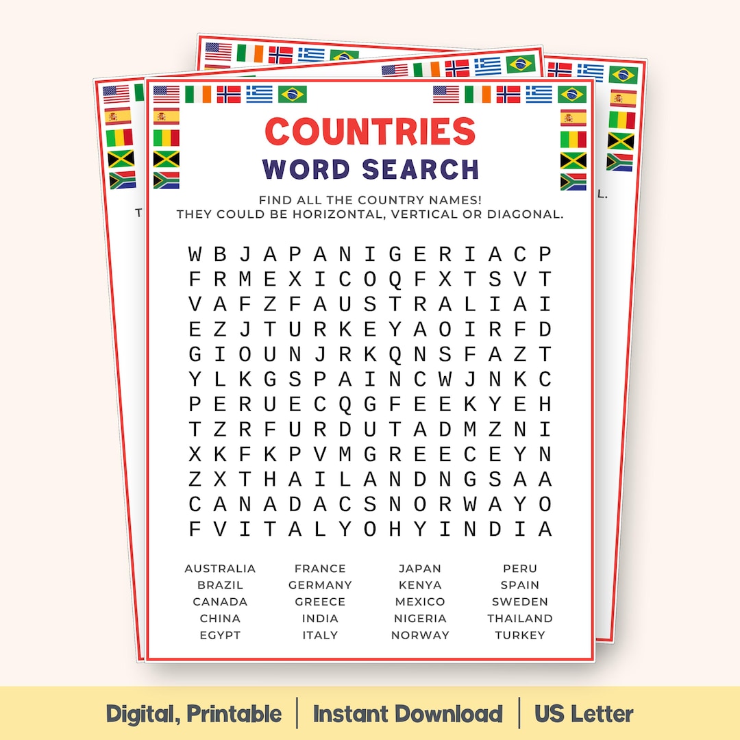 Countries Word Search Game, International Travel Puzzle, Geography ...