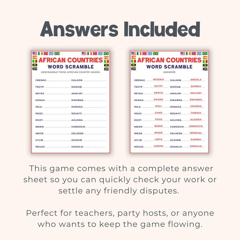 African Countries Word Scramble, Geography Learning Game, Country Name ...