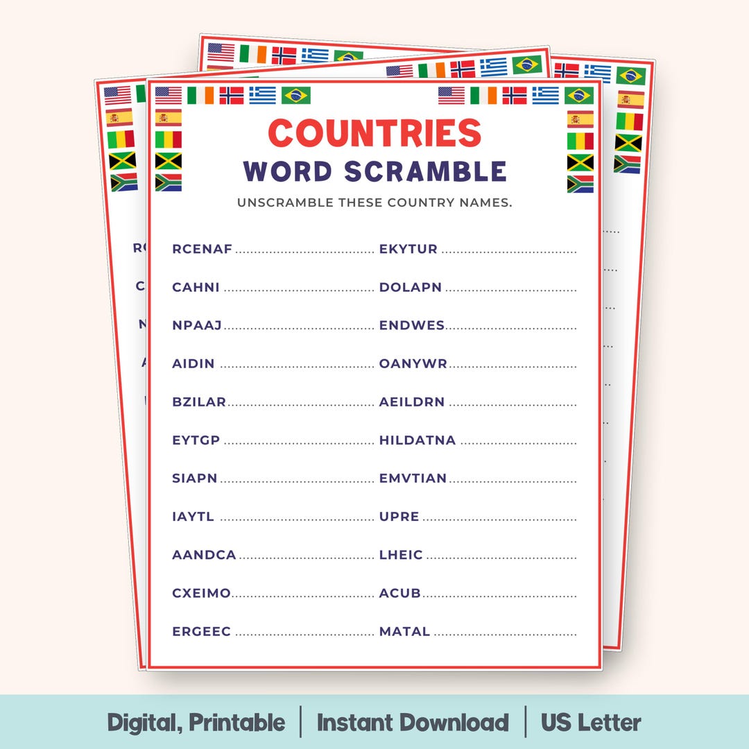 Countries Word Scramble Game, World Geography Puzzle, Country Names ...