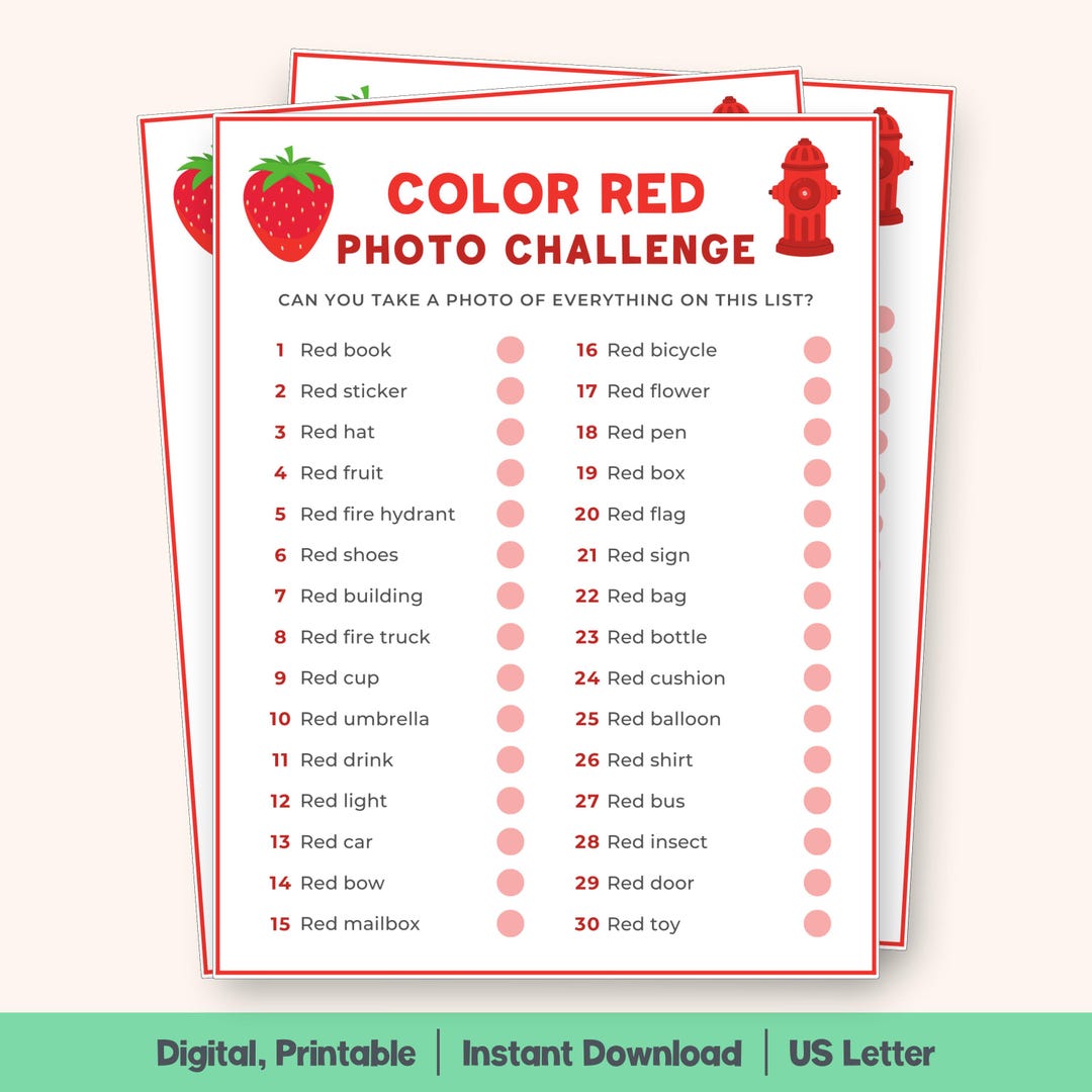 Red Color Photo Challenge, Color Hunt Scavenger Game, Find Red Items ...
