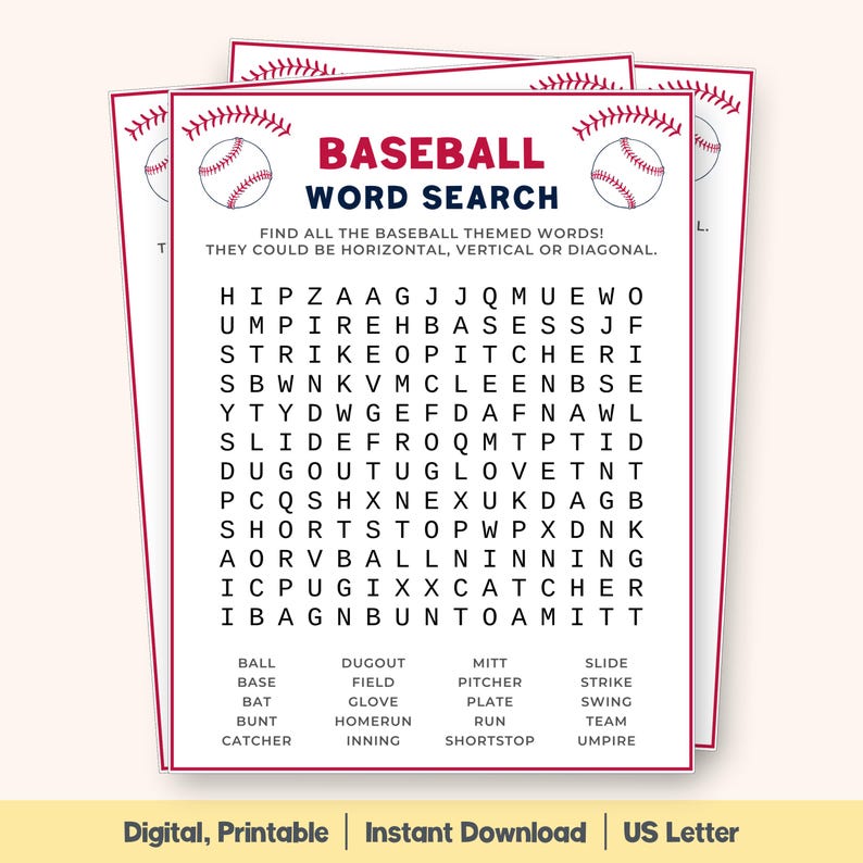 Baseball Word Search Game, Sports Word Search Puzzle, Baseball Party ...