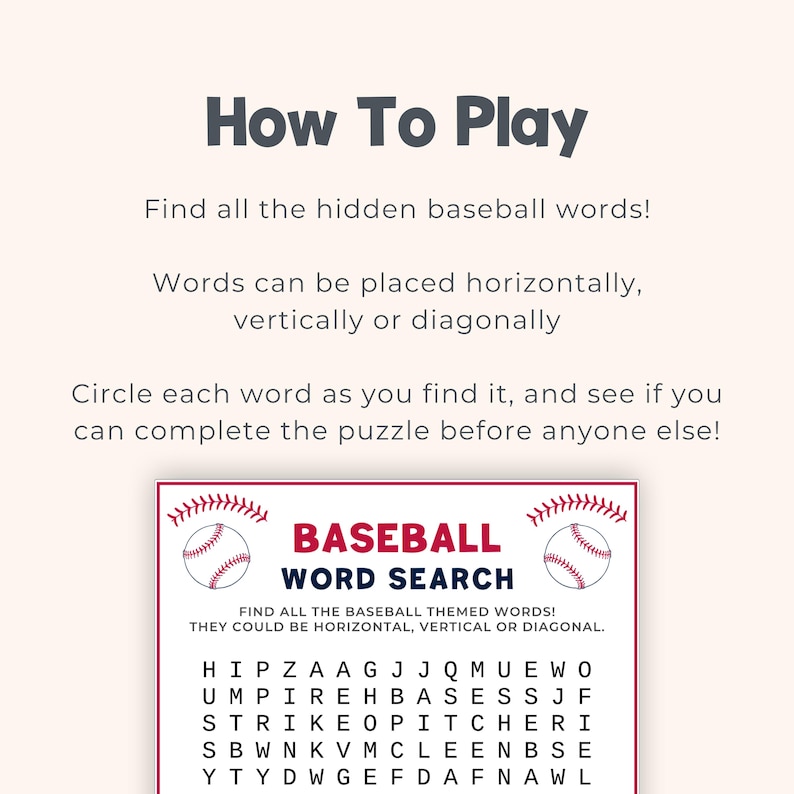 Baseball Word Search Game, Sports Word Search Puzzle, Baseball Party ...
