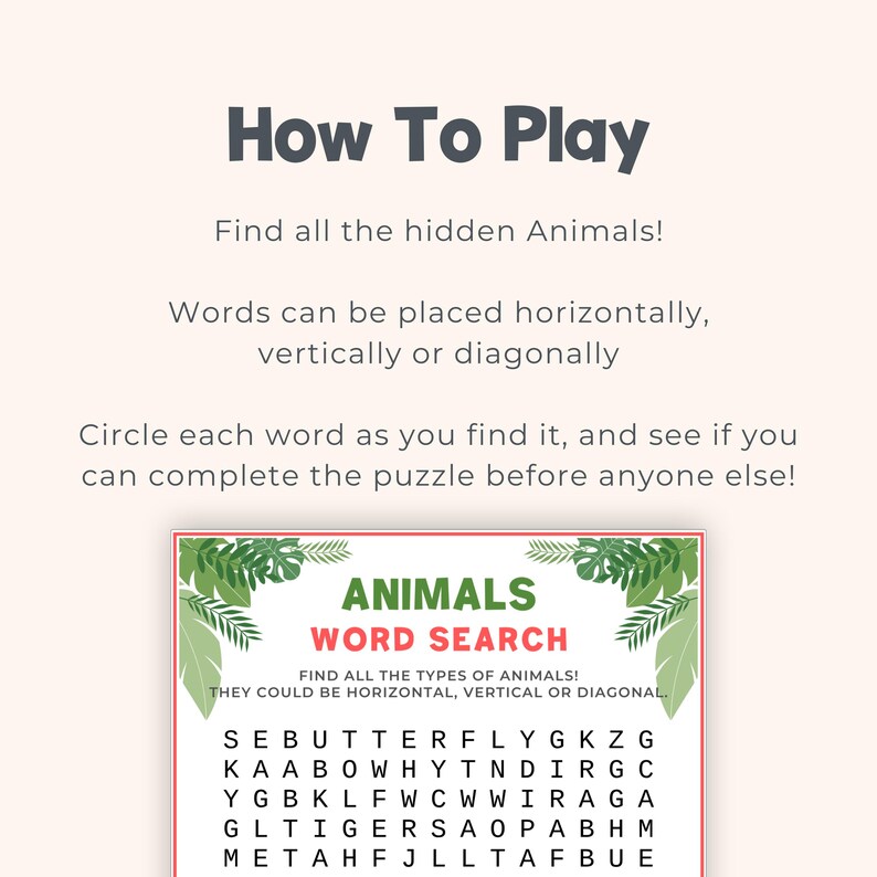 Animal Word Search Game, Safari Adventure Puzzle, Zoo Animals Activity ...