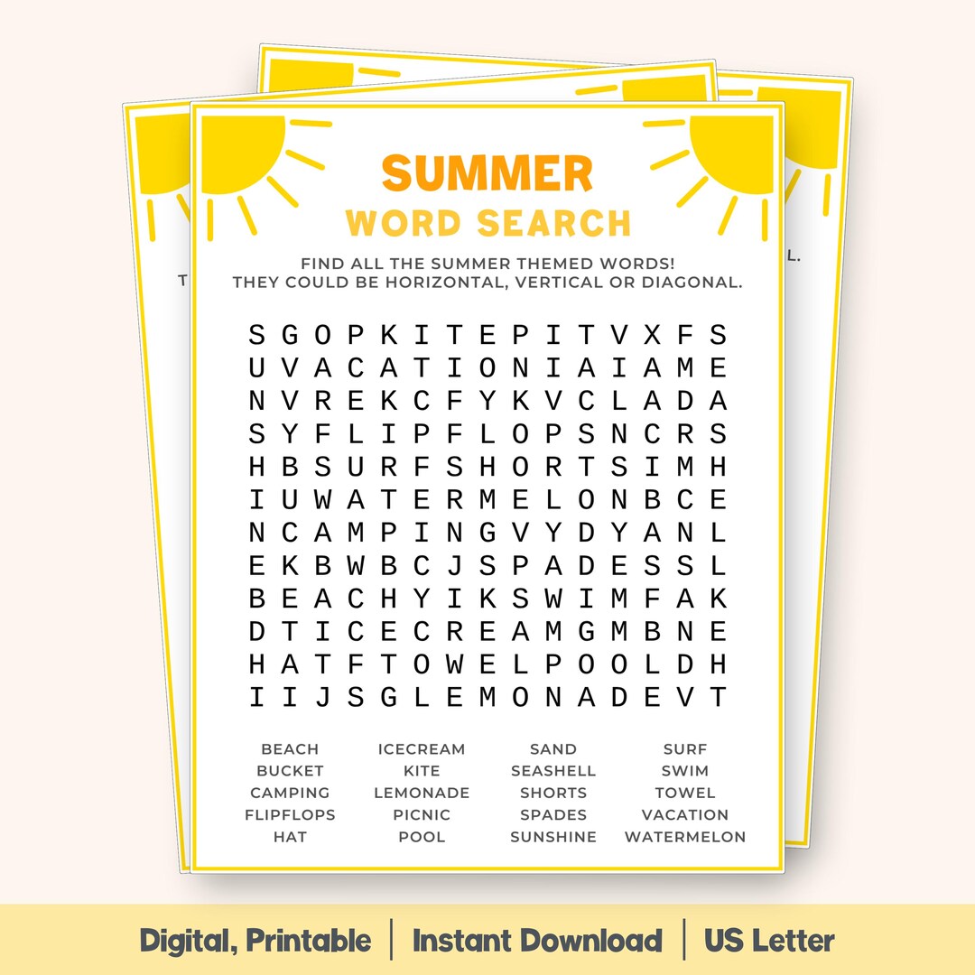 Summer Word Search Puzzle, Beach Vacation Activity, Kids Summer Game ...