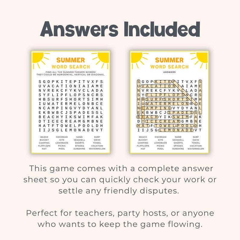 Summer Word Search Puzzle, Beach Vacation Activity, Kids Summer Game ...