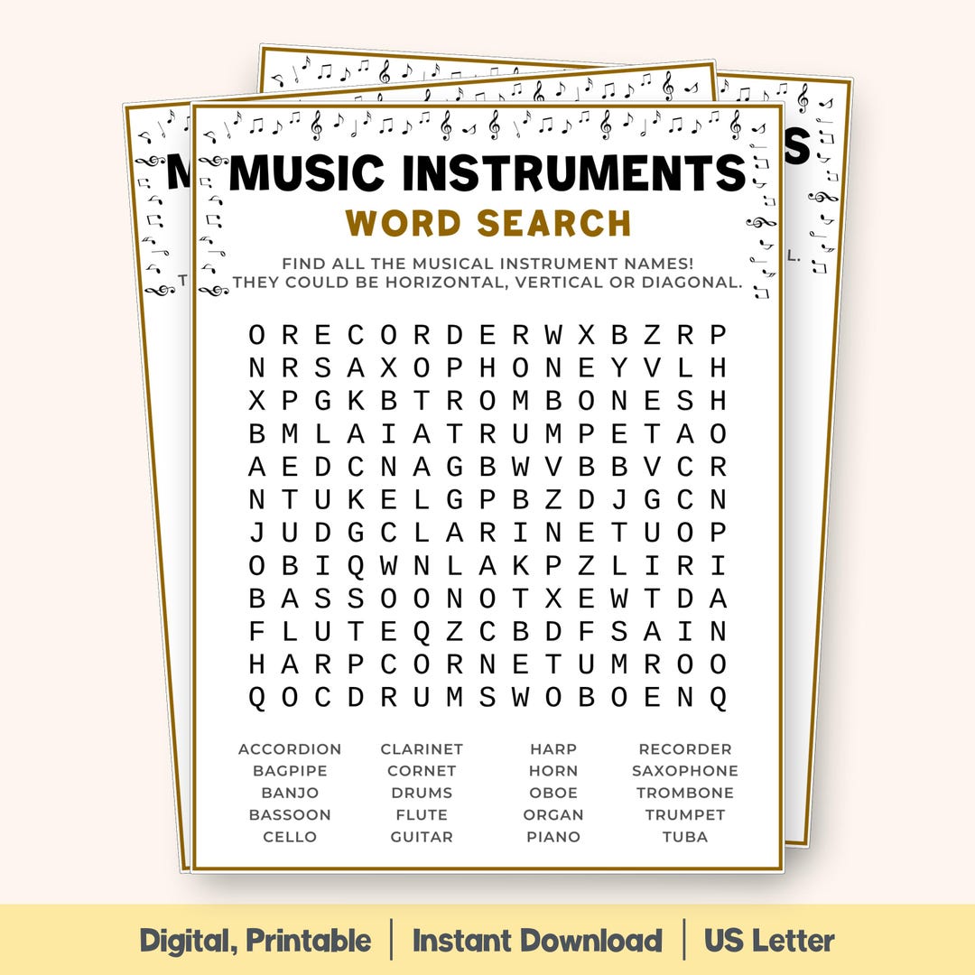 Musical Instruments Word Search, Music Education Game, Orchestra Word ...
