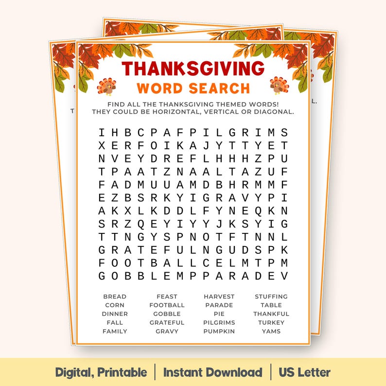 Thanksgiving Word Search Puzzle, Holiday Word Find Game, Fall Activity ...