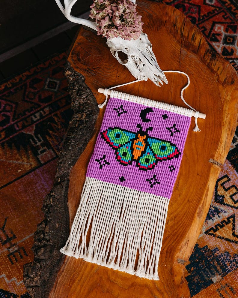 Neon Moon Moth Pixel Macrame Wall Hanging: Handmade Fiber Art - Etsy