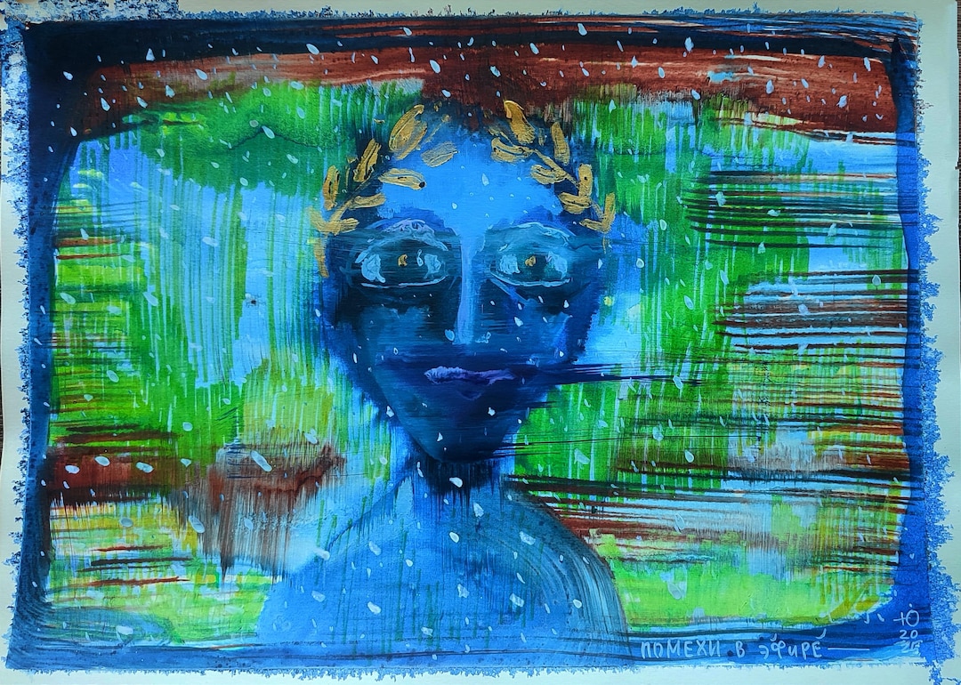 Original Abstract Portrait Blue Face, Expressionism, Gold, 39x29cm (15 ...