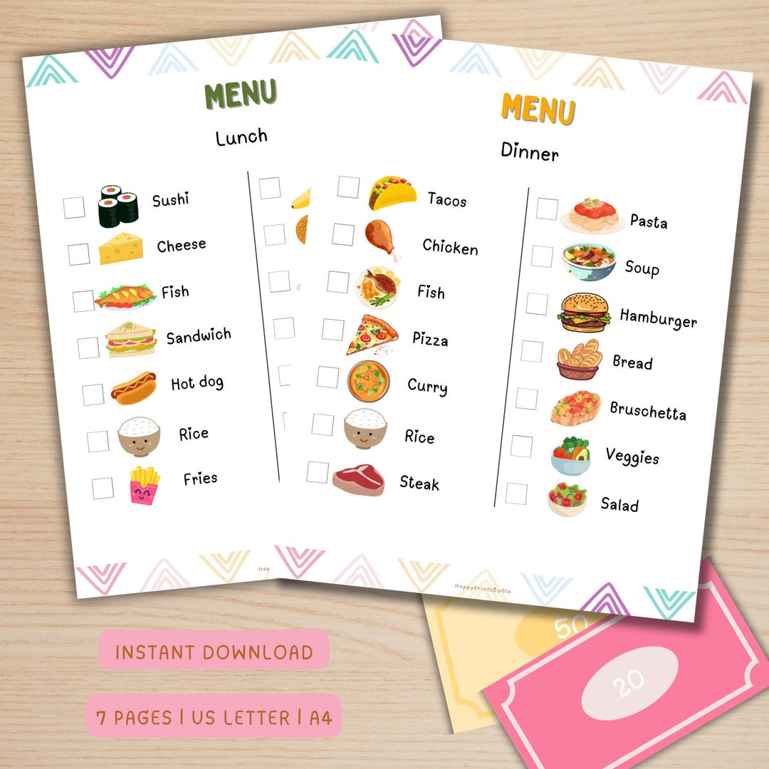 Printable Pretend Play Menu for Kids Restaurant Roleplay Fun Kitchen ...
