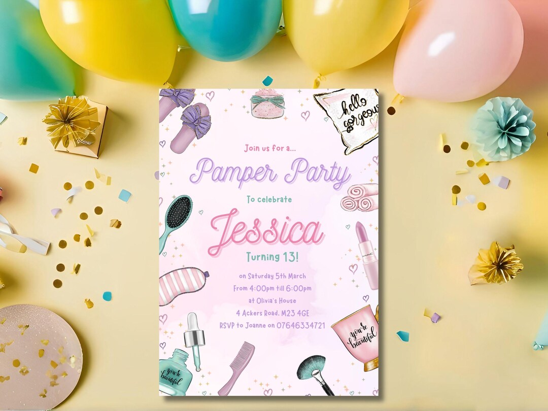 Girl's Digital Pamper Party Invitation Spa 13th Birthday Invite ...