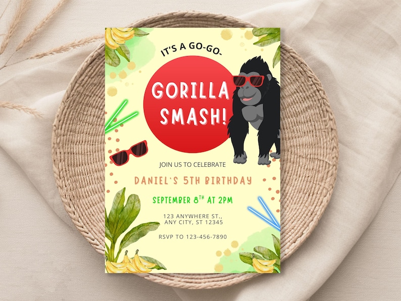 Gorilla Smash Jungle Theme: Editable Kid's Birthday Invitation (digital ...