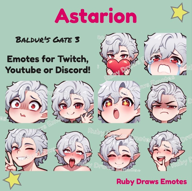 Astarion Baldur's Gate 3 Chibi Style Emotes for Twitch, Youtube ...