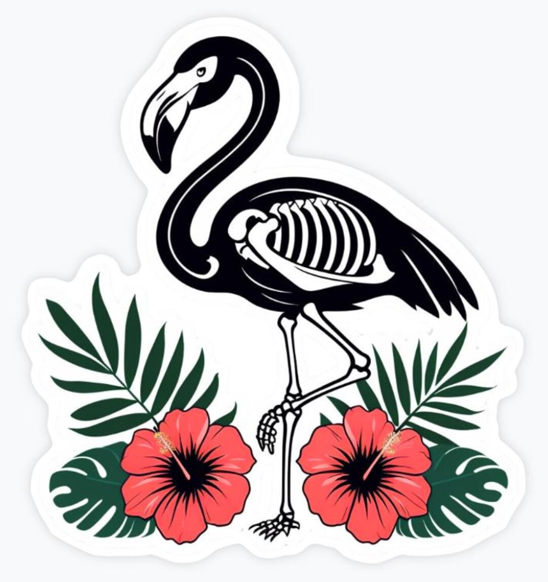 Gothic Tropical Flamingo Skeleton Sticker – 3" Glossy Die Cut FREE ...