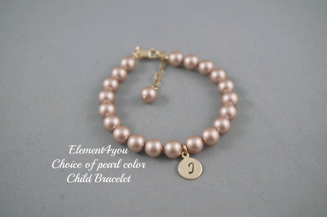 Personalized Swarovski Pearl Child Bracelet | Initial Charm, Flower ...