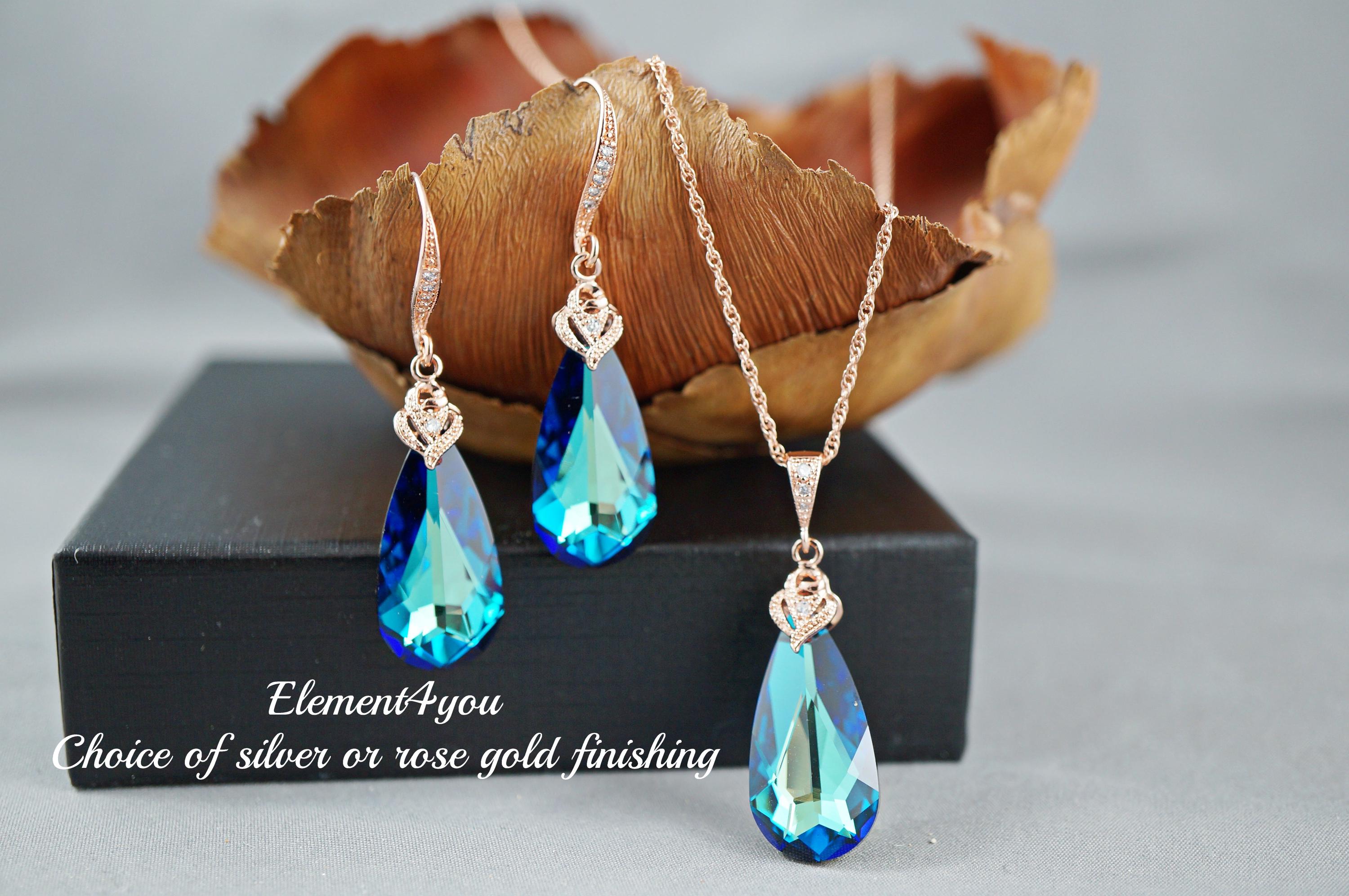 Swarovski Bermuda Blue Crystal Jewelry Set | Teardrop Necklace ...