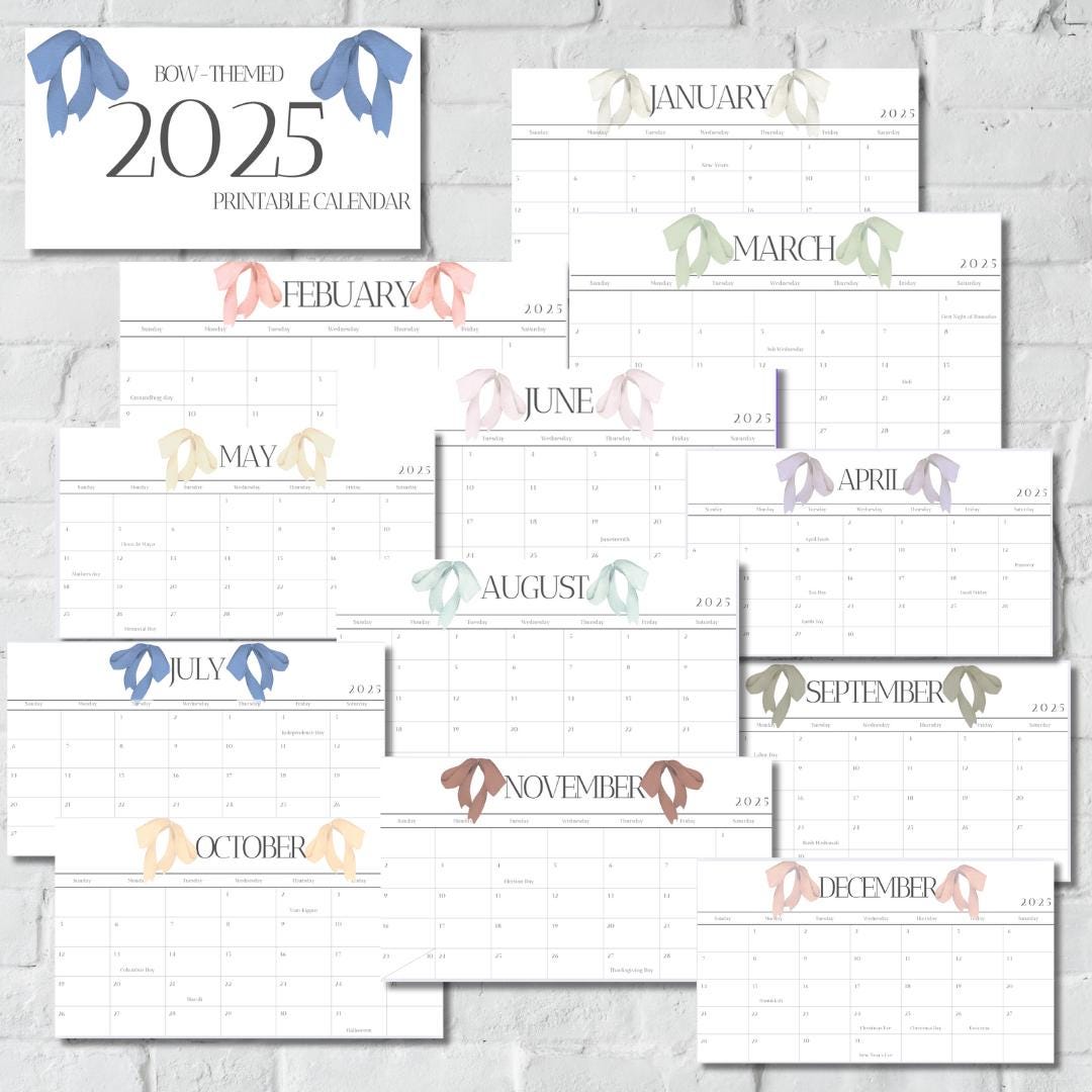 2025 Digital Download Calendar - Cute & Girly Bow-themed Design by ...