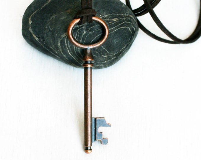 Antique Copper Key Necklace With Suede Cord - Etsy
