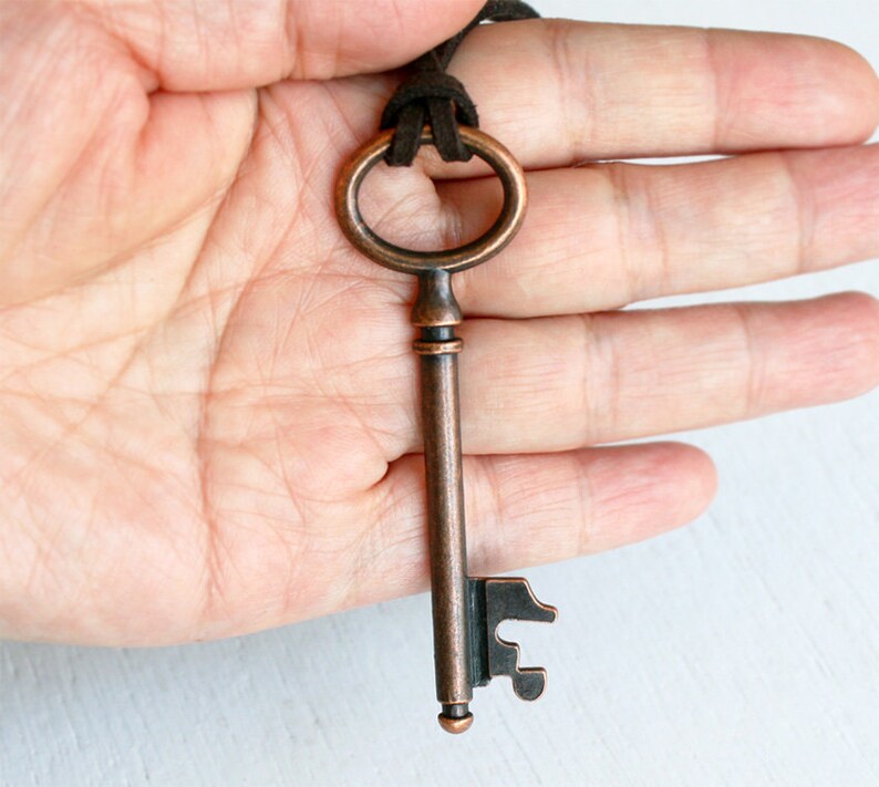 Antique Copper Key Necklace With Suede Cord - Etsy