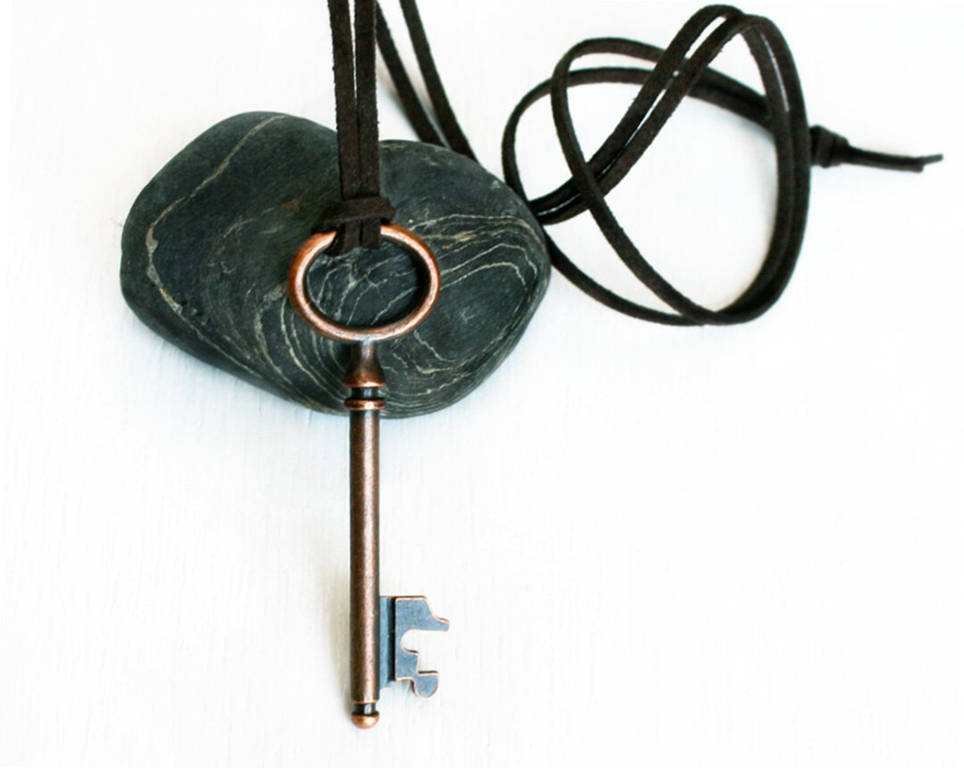 Antique Copper Key Necklace With Suede Cord - Etsy