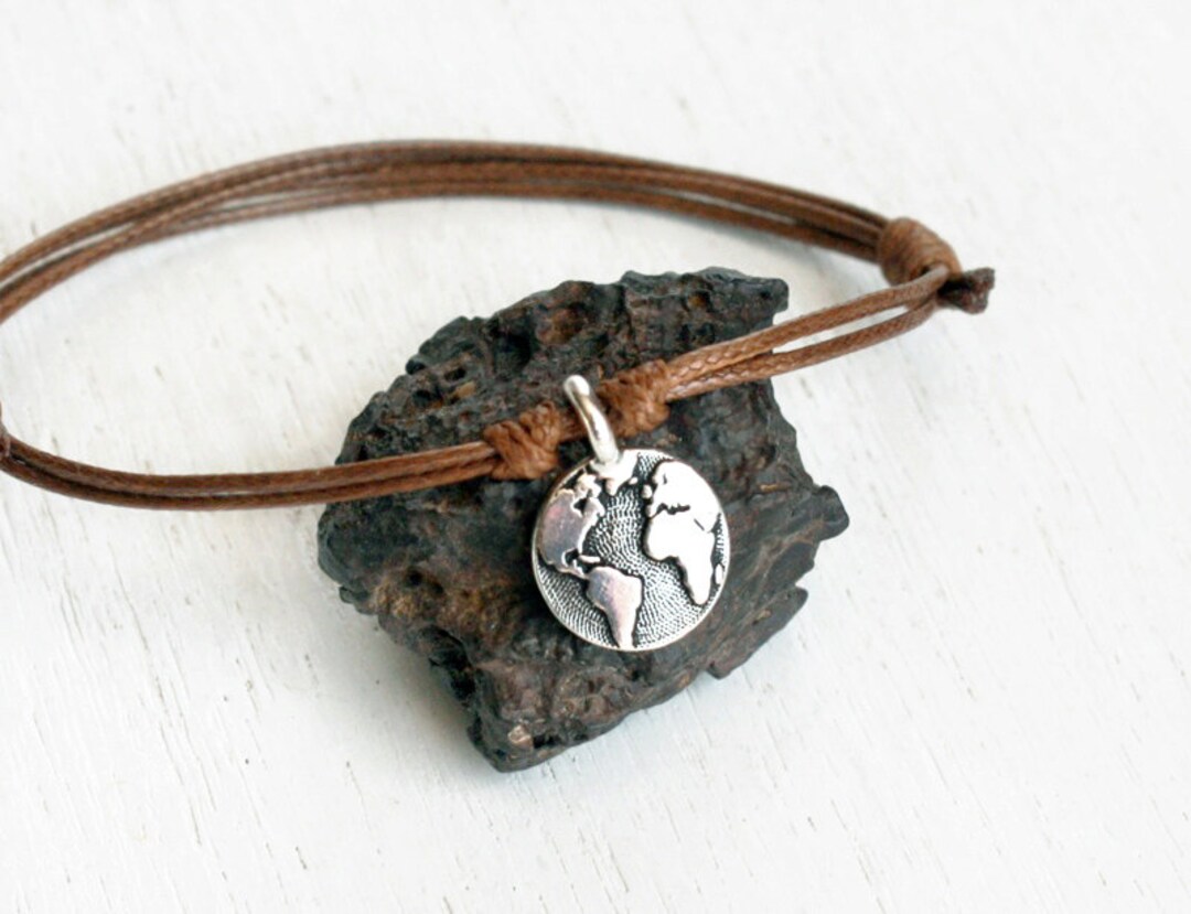 World Map Bracelet: Silver Globe Charm, Adjustable Waterproof Cord - Etsy
