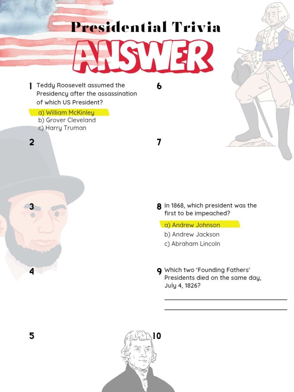 Presidential Trivia Game: U.S. Presidents Quiz (printable PDF Download ...