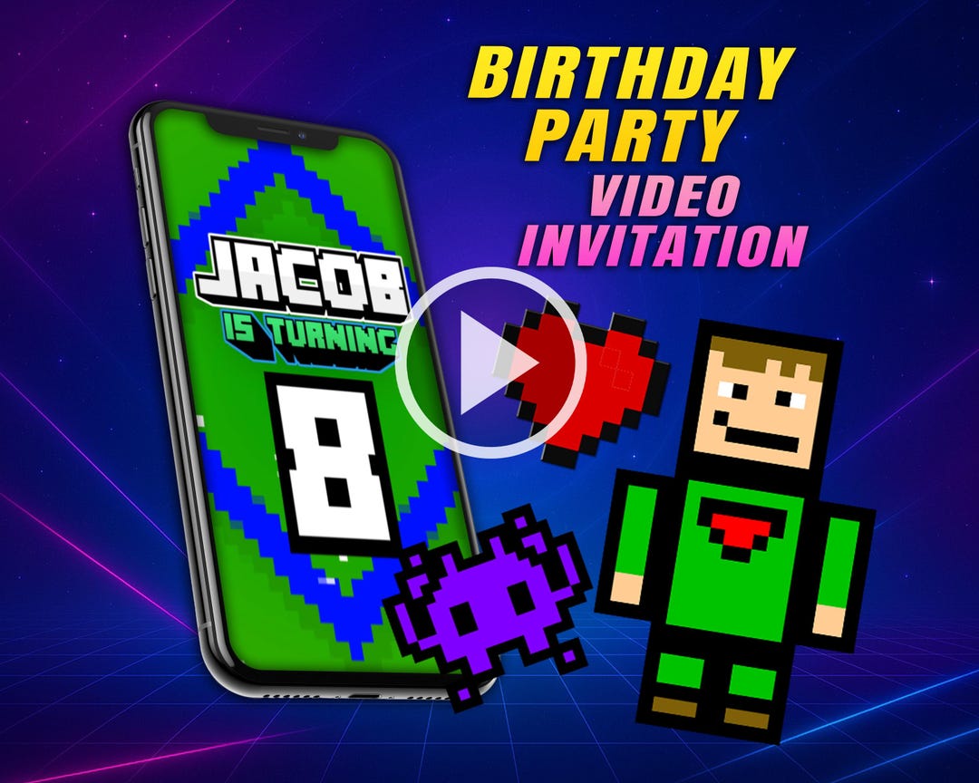 Pixel Game Birthday Party Video Invitation, Game Blocks Digital ...