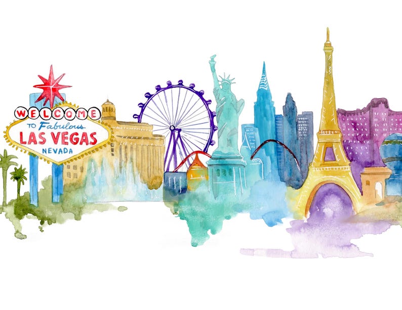 Las Vegas Strip Watercolor Print Skyline Wall Art Welcome Sign Eiffel ...
