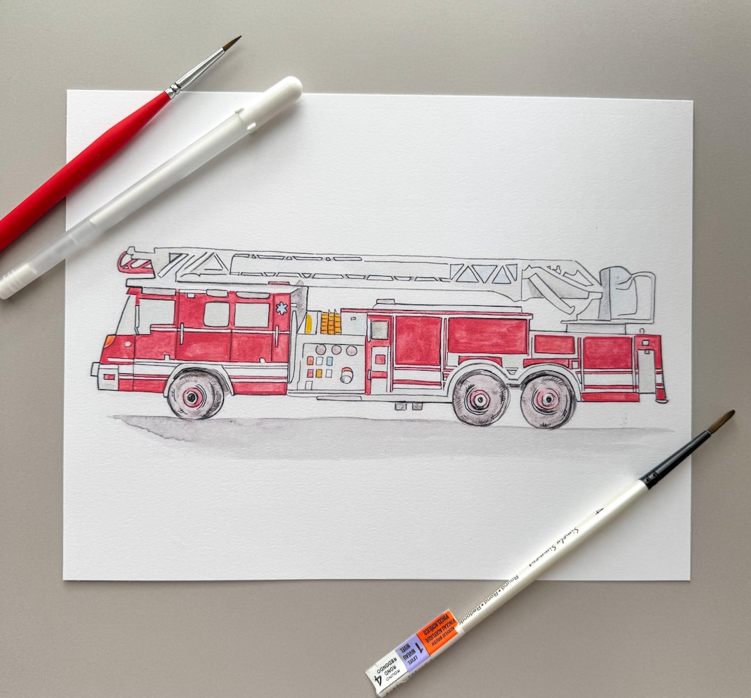 Watercolor Fire Truck Print | Red Fire Engine Wall Art | Kids Room ...