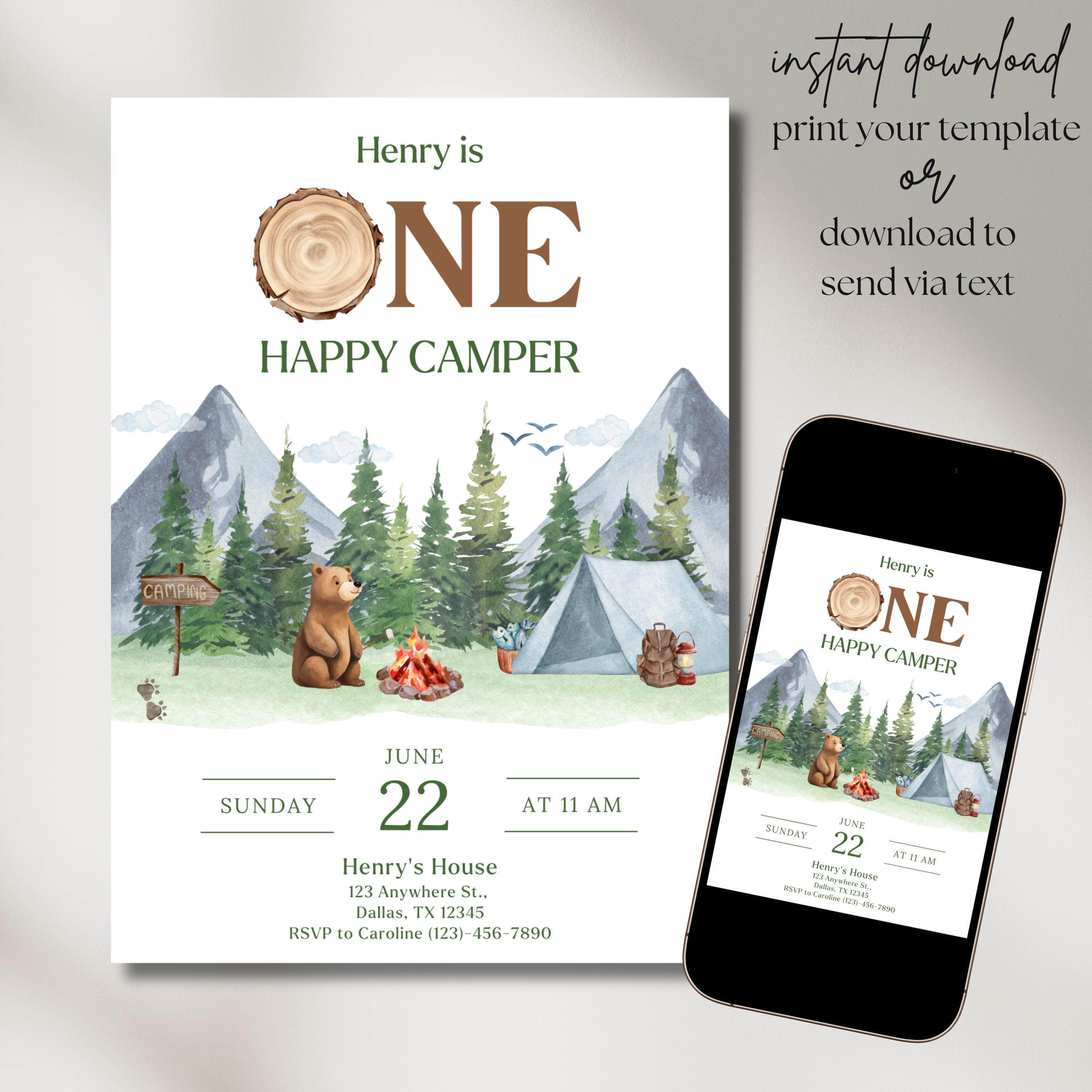 Editable One Happy Camper Birthday Bundle, One Happy Camper Invitation ...