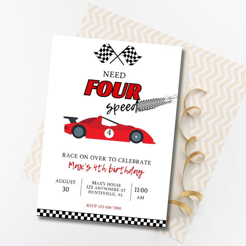 Need Four Speed Birthday Invitation, Race Car 4th Birthday Invite ...
