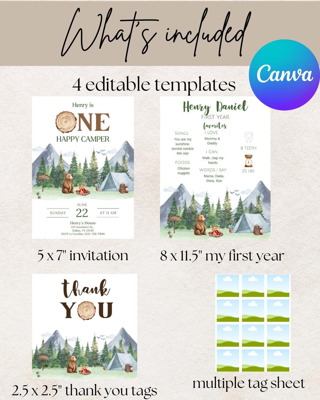 Editable One Happy Camper Birthday Bundle, One Happy Camper Invitation ...