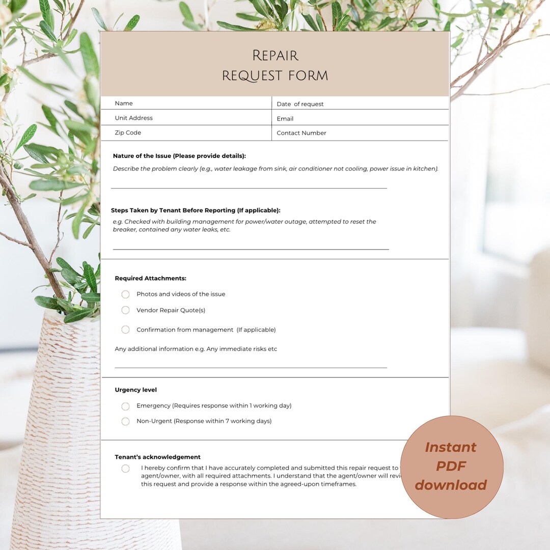 Rental Property Repair Request Form | Tenant Maintenance Request | PDF ...